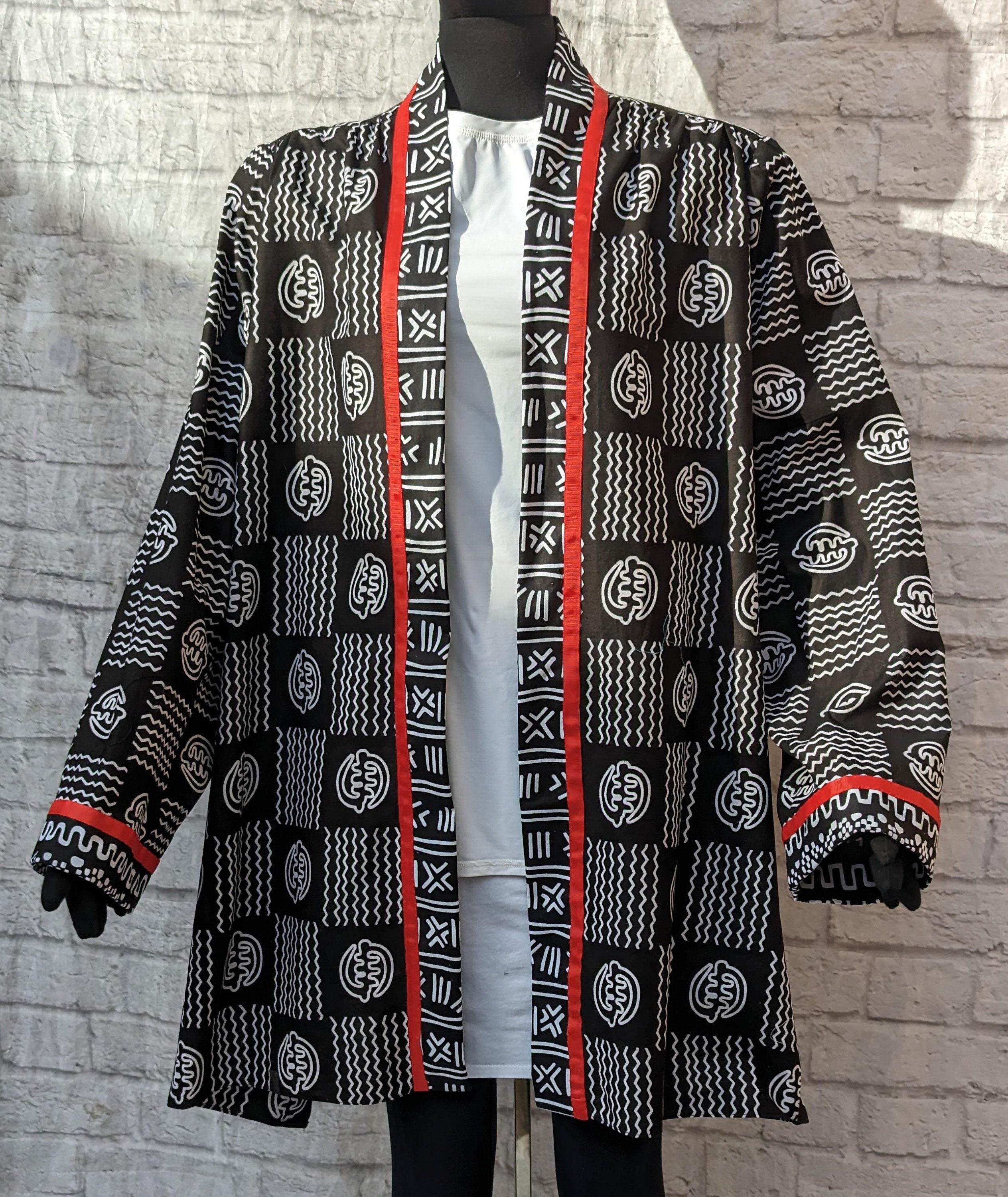 Unisex Gye Nyame African Mudcloth Duster, Loosefitting, Unlined, Long ...