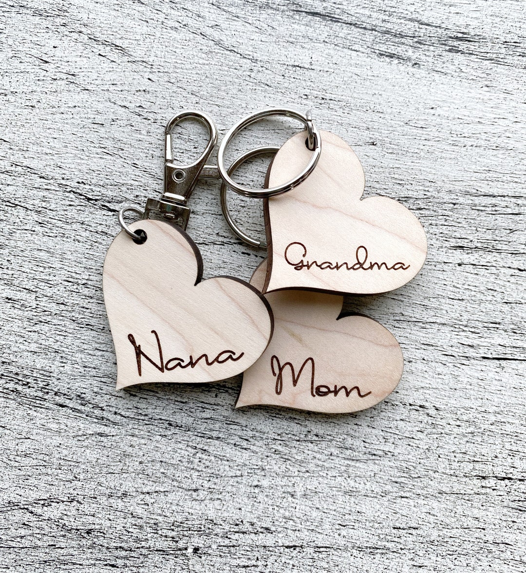 Personalized Heart Keychain, Laser Engraved Wood Keychain, Mom, Nana ...
