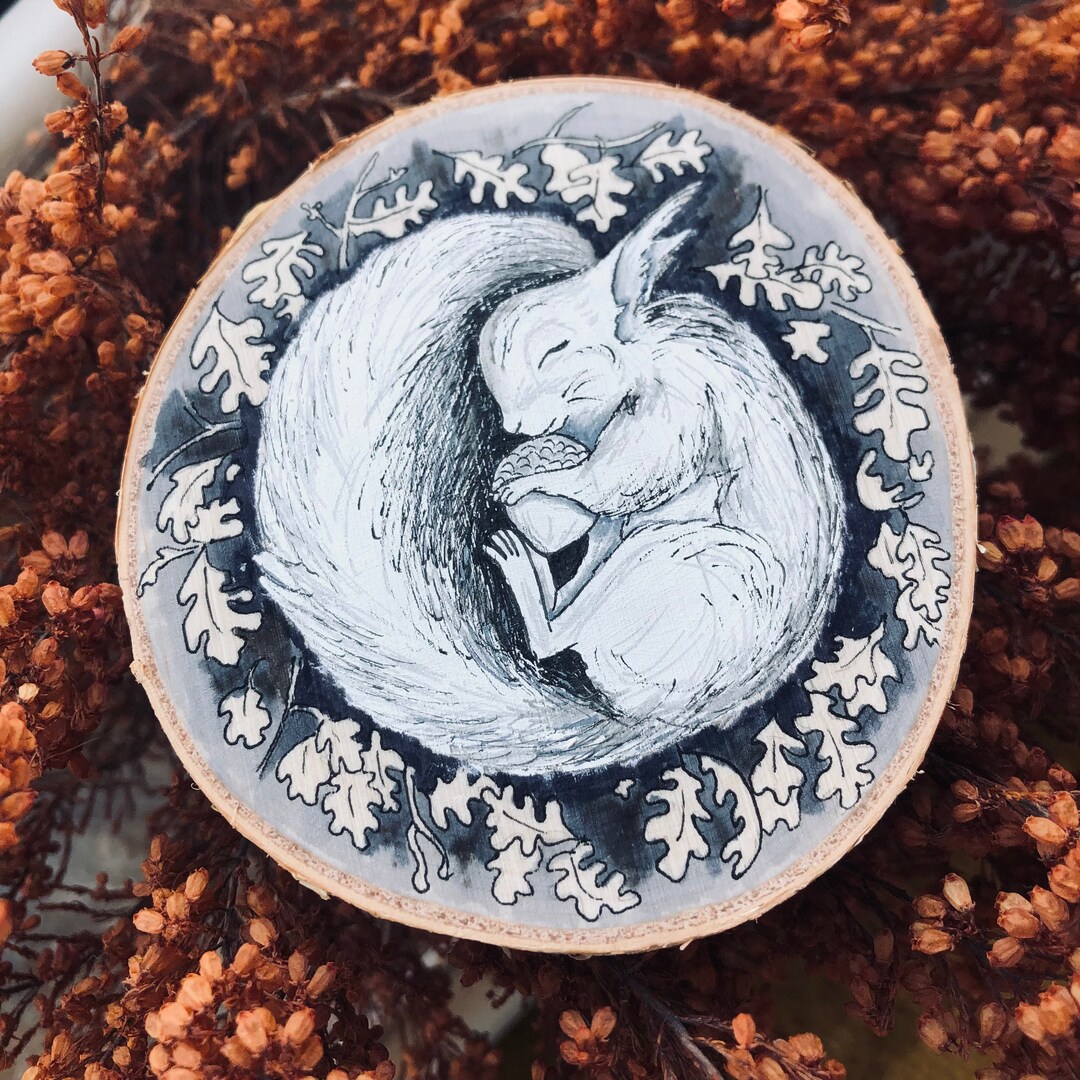 Squirrel Sleeping With Acorn and Leaves. Fall Hand Painted Wood Slice ...