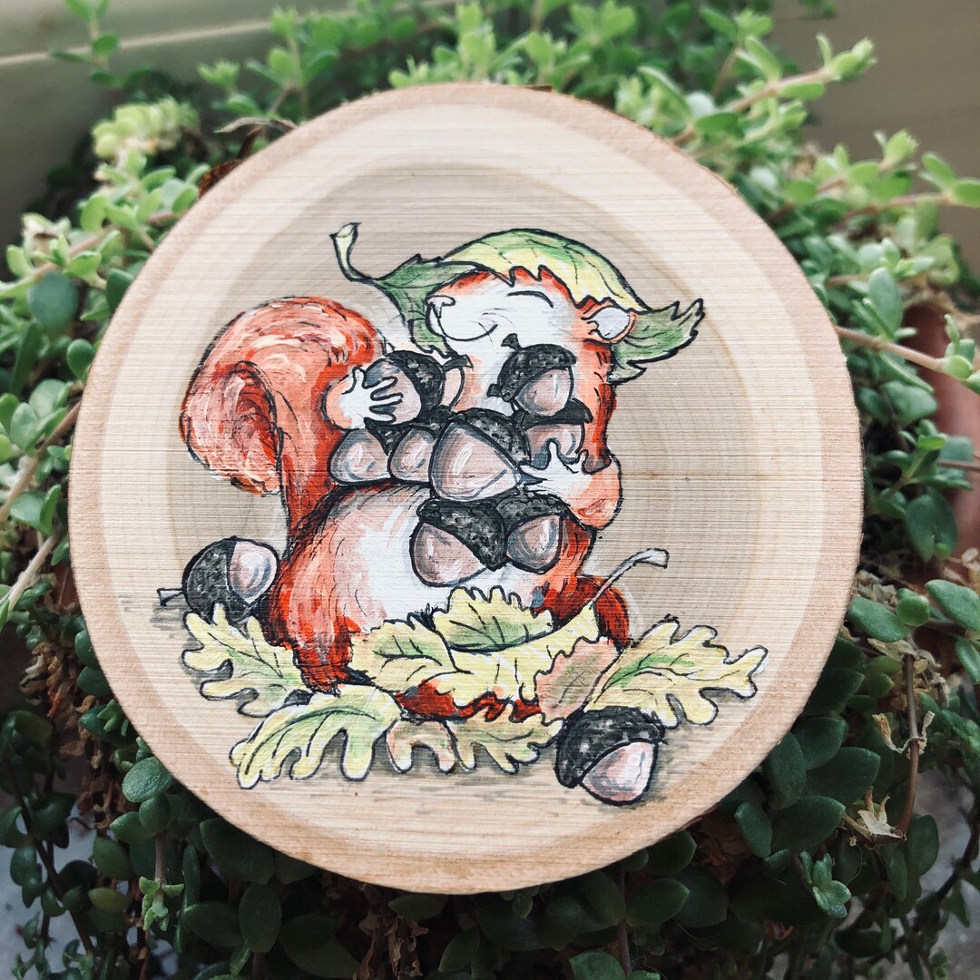 Squirrel Loves Its Acorns. Fall Leaves Hand Painted Wood Slice Ornament ...