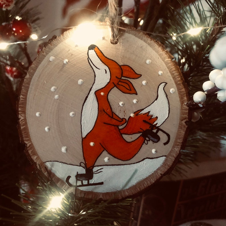 Skating Fox Hand Made Painted Wood Slice Ornament. Christmas - Etsy