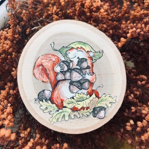 Squirrel Loves Its Acorns. Fall Leaves Hand Painted Wood Slice Ornament ...
