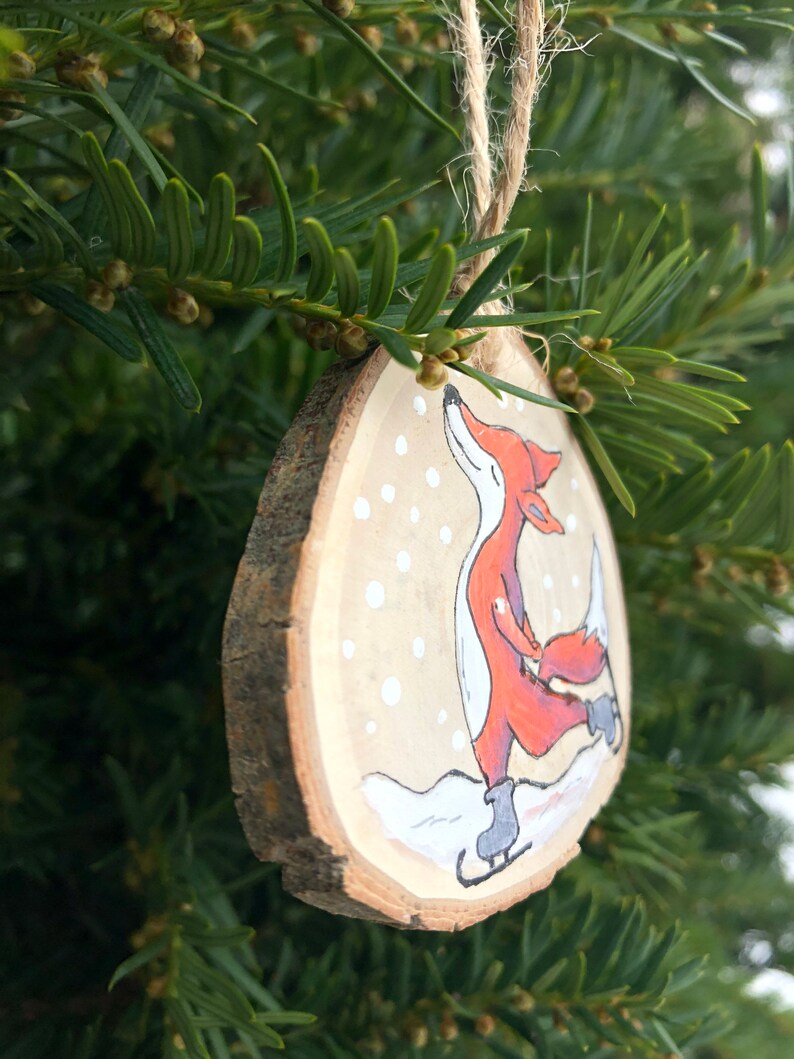 Skating Fox Hand Made Painted Wood Slice Ornament. Christmas - Etsy