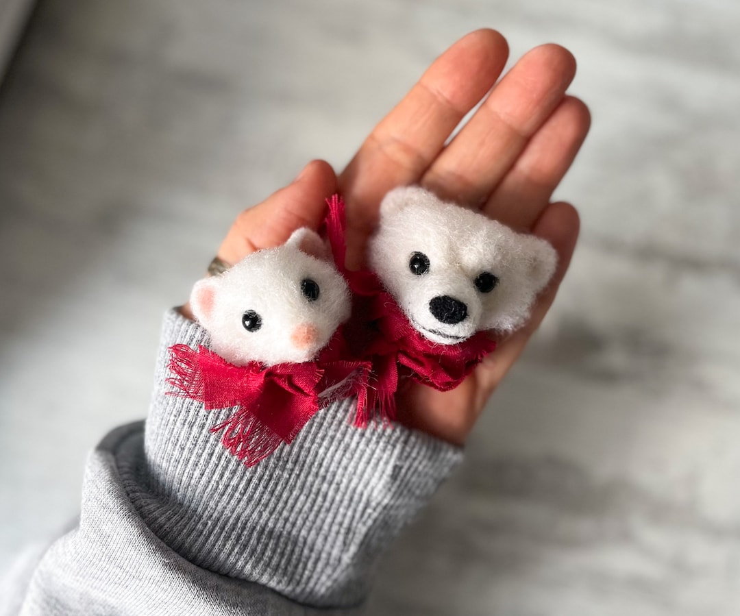Felted White Animals Handmade Brooches With Red Scarf, Felted Polar ...