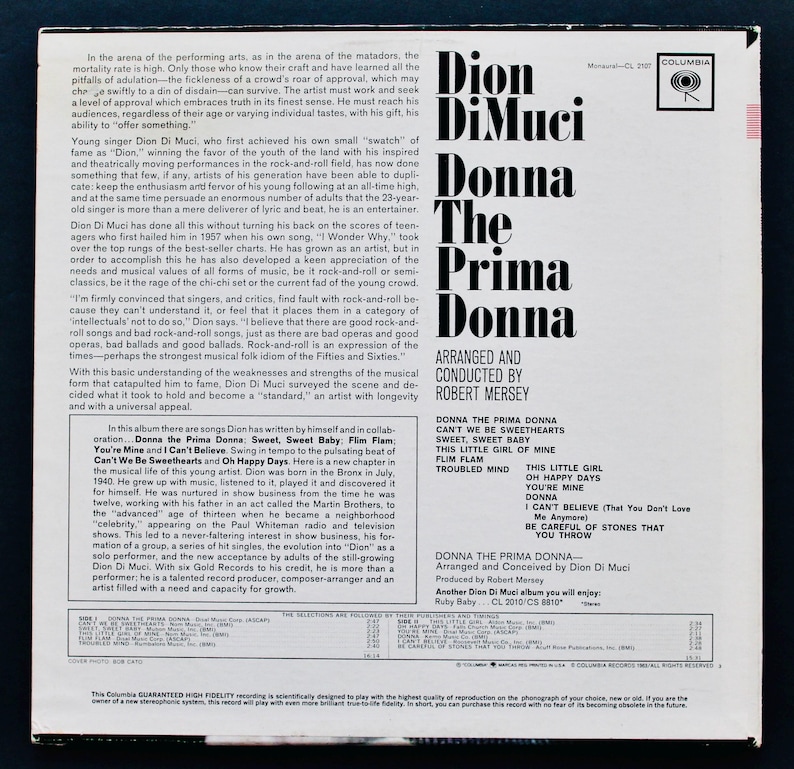 Vintage DION "donna the Prima Donna" Vinyl Record Album 1963 - Etsy