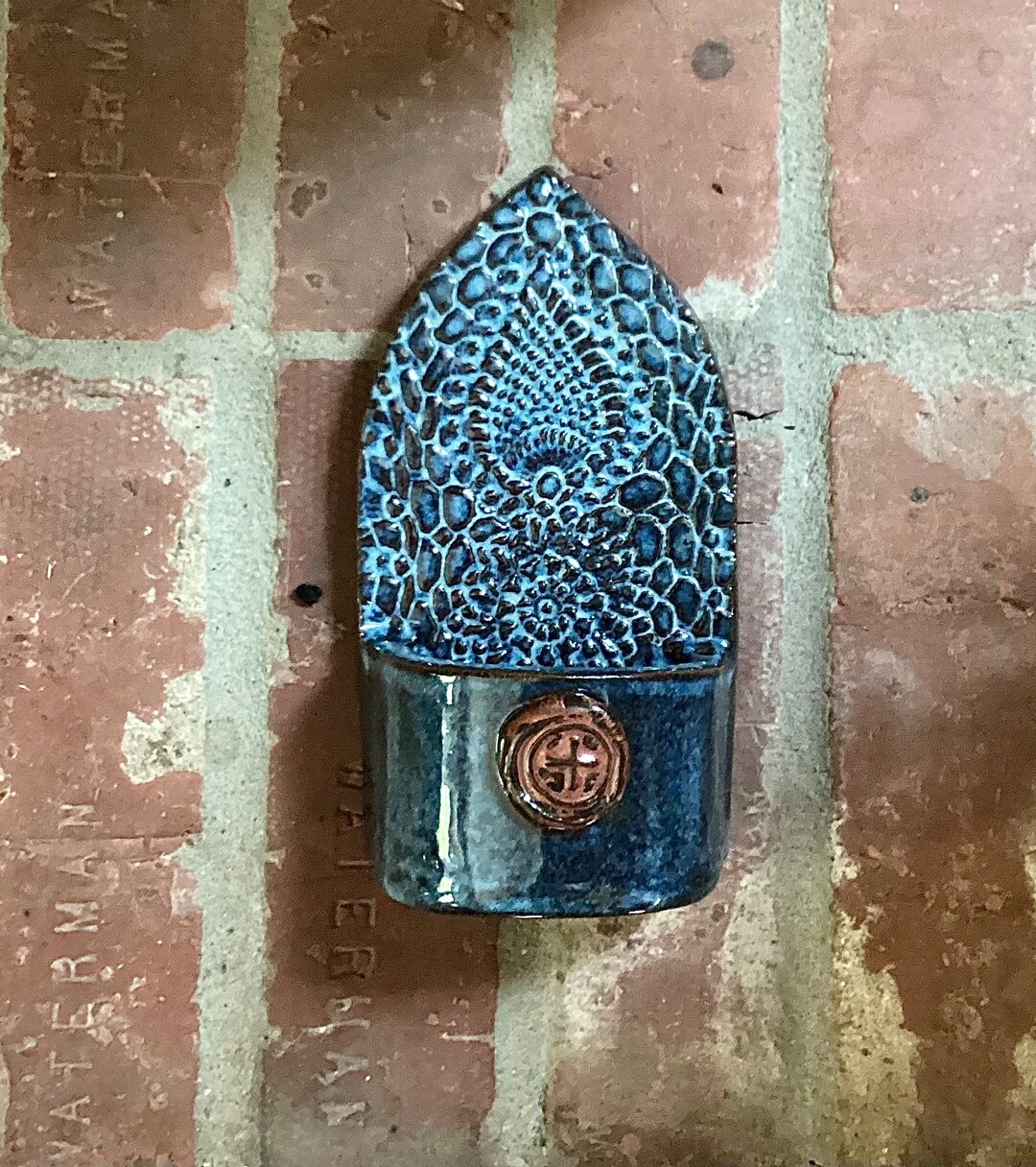 Blue Stoneware Embossed Holy Water Font With Copper Cross - Etsy