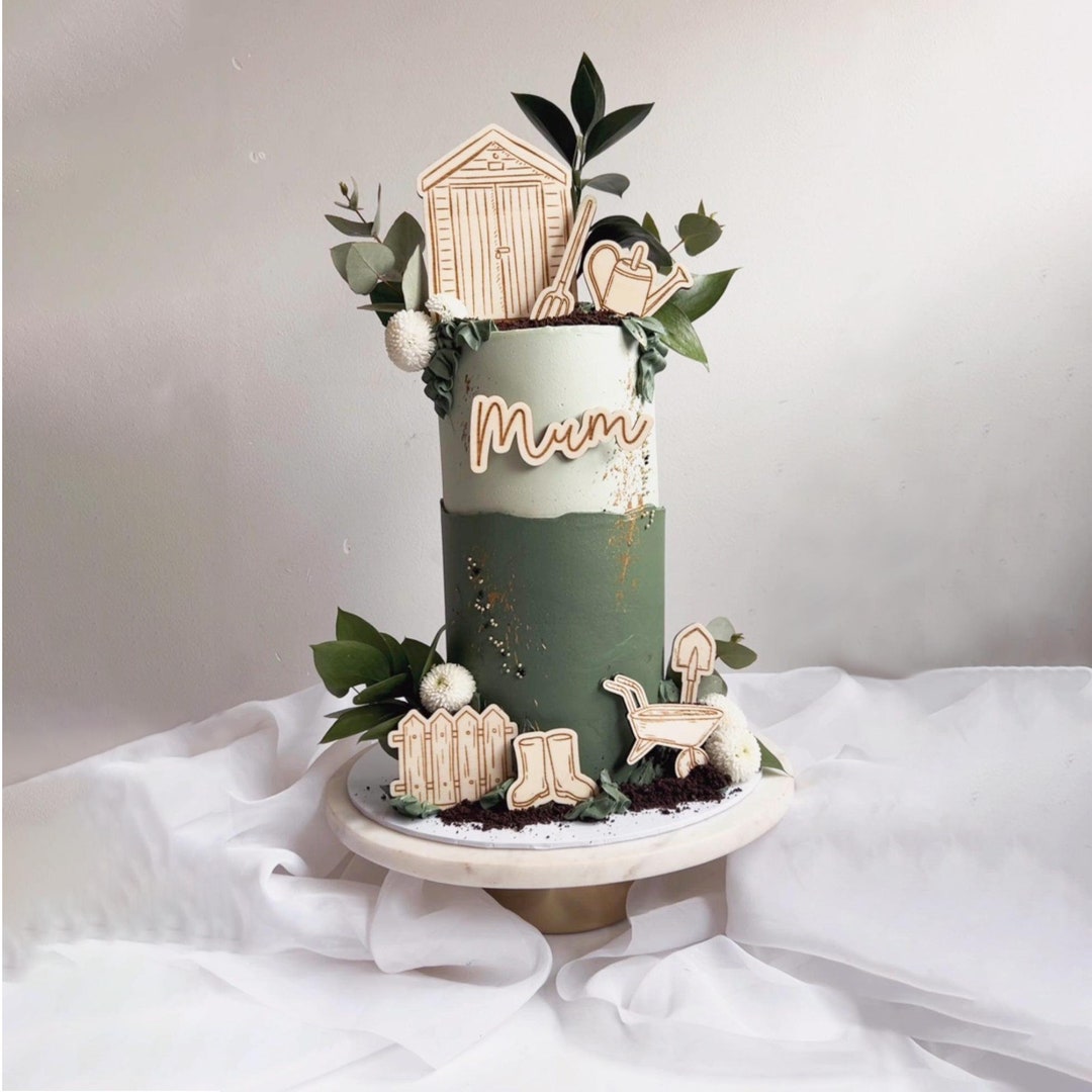 Personalised Gardening Set Wood Cake Toppers - Gardening Theme Cake ...