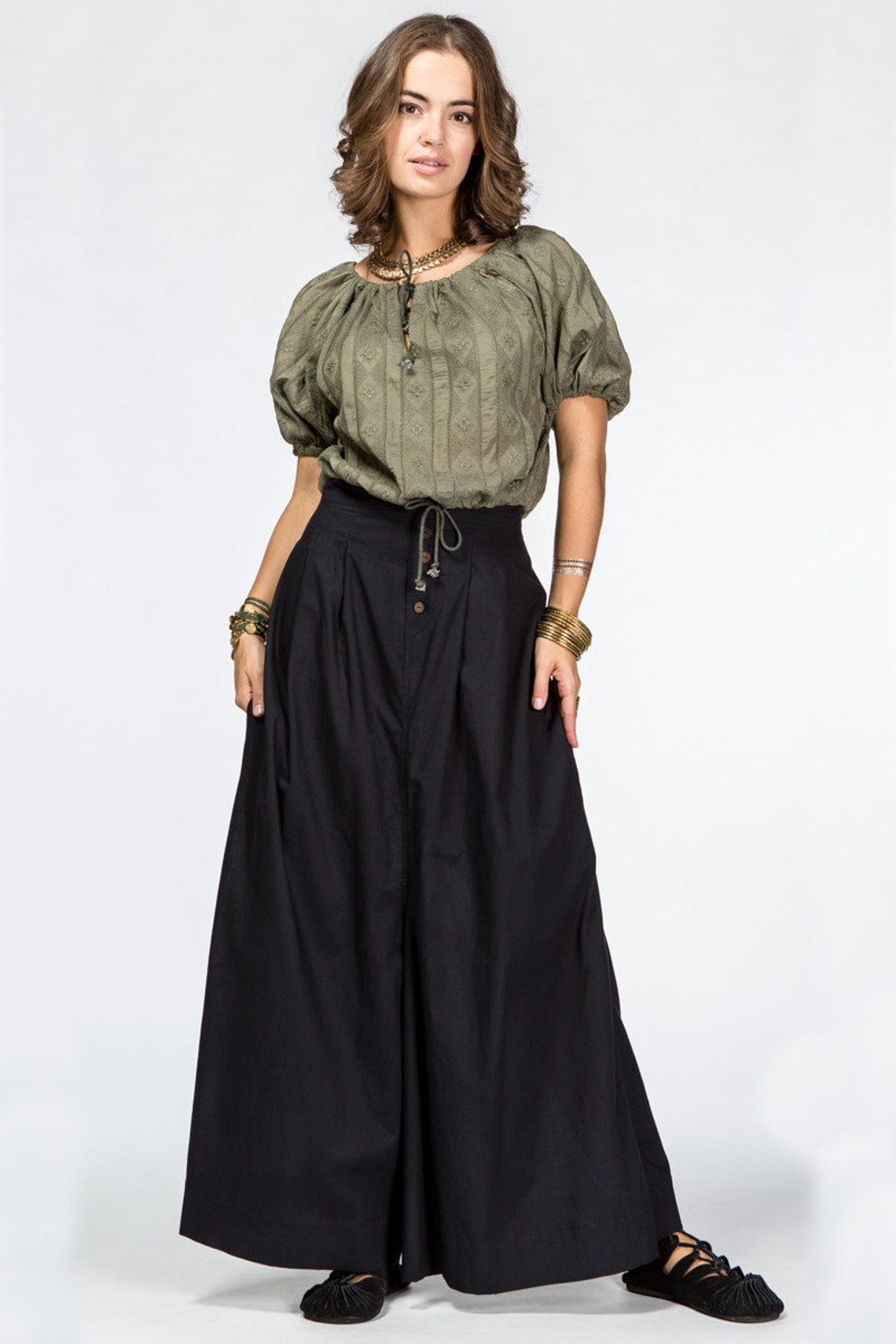 Womens Black Maxi Long Floor Culottes Skirt Pants Cotton Etsy