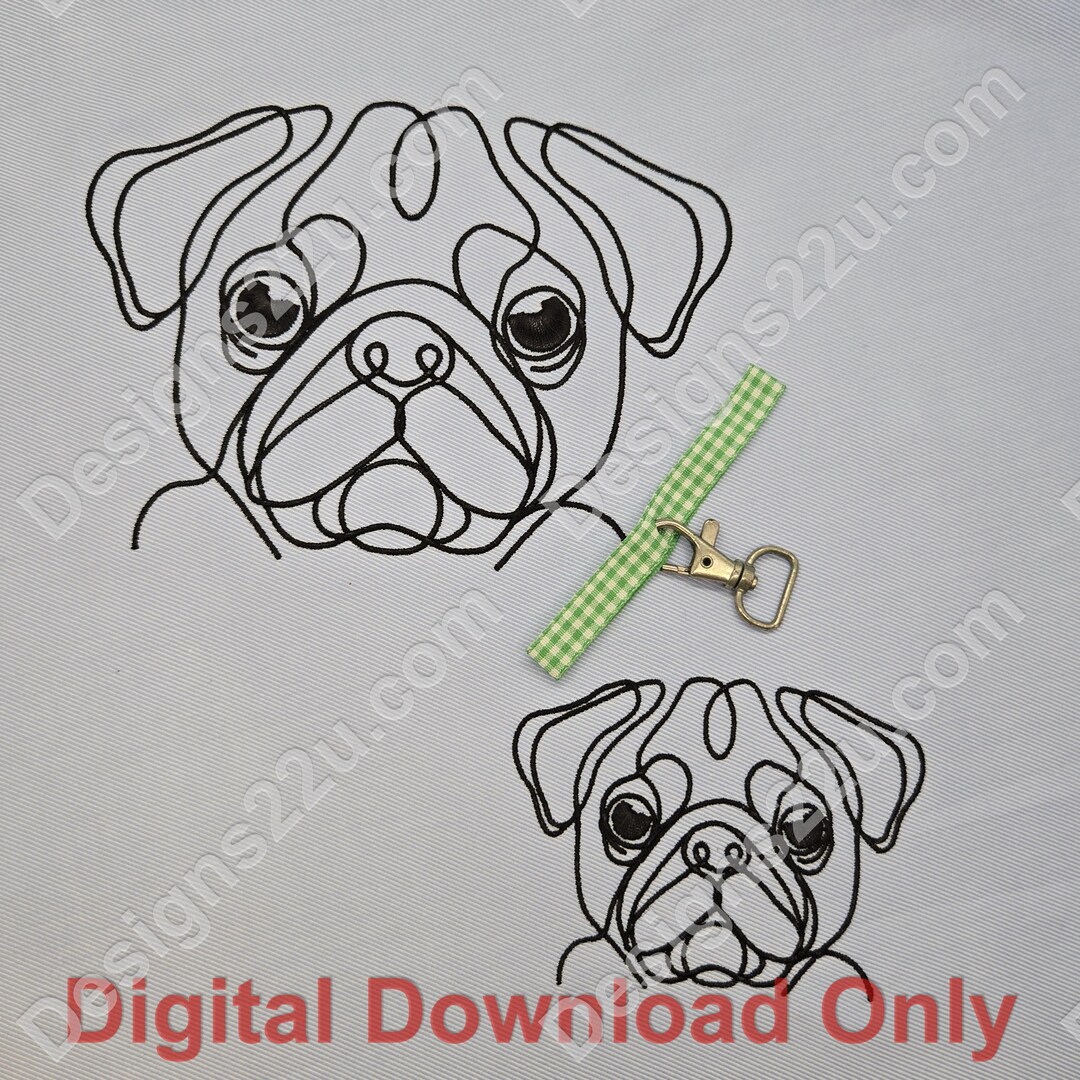 4x4 and 5x7 Pug Dog Face Line Art Digitized Machine Embroidery Design ...