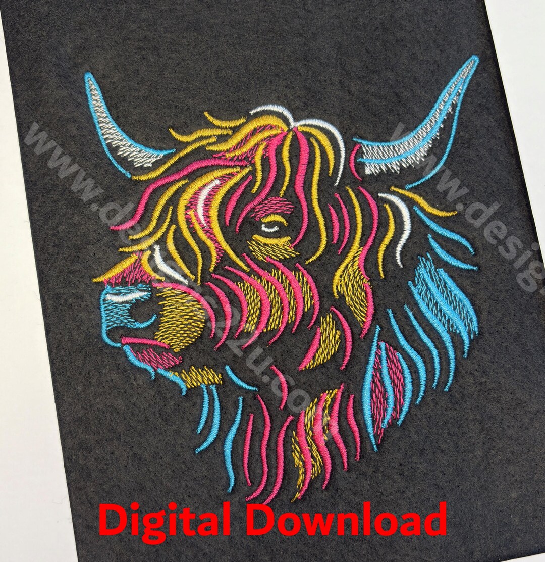 Neon Colour Highland Cow Head Light Density Digitised Machine ...