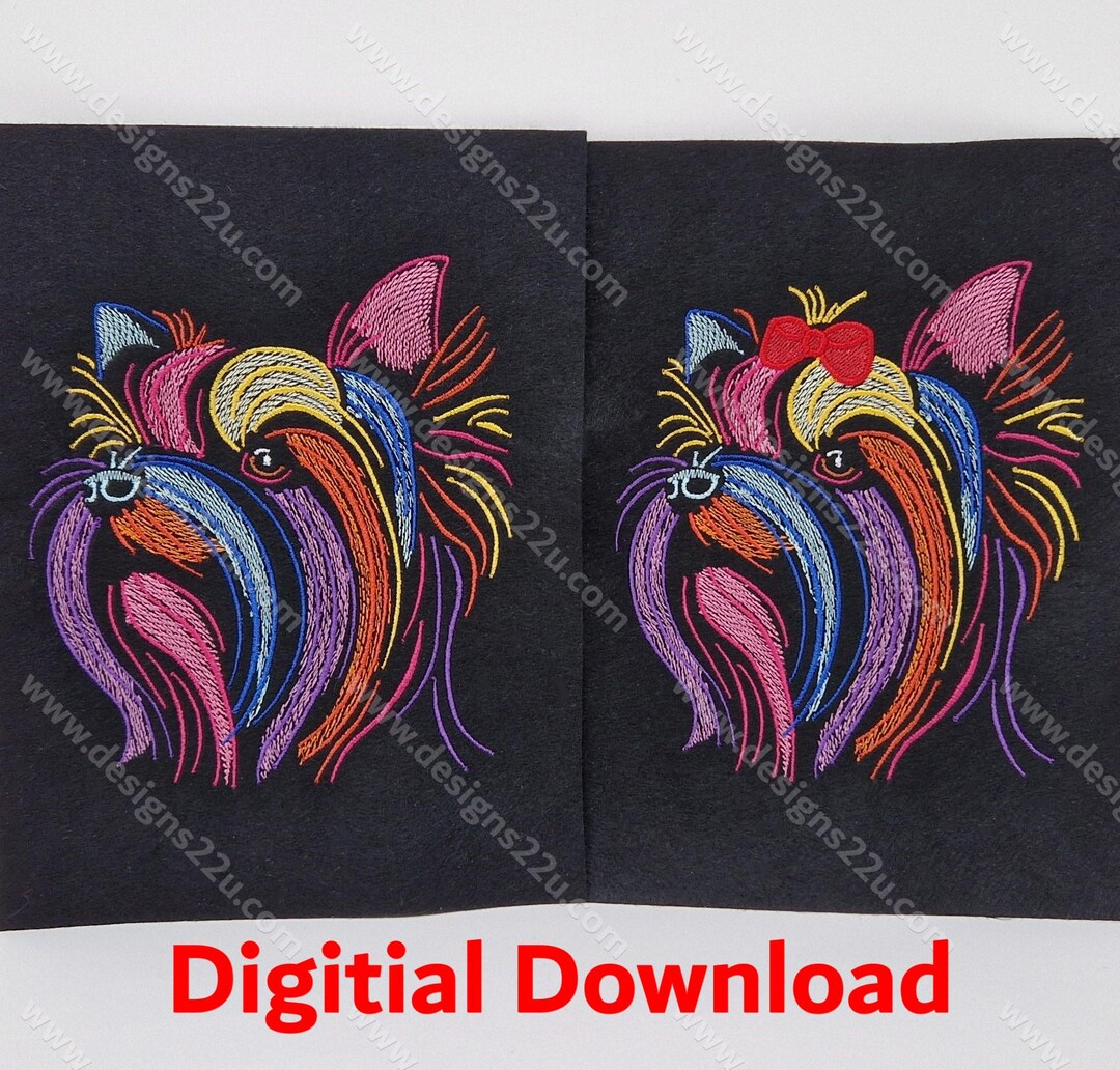 Neon Coloured Yorkie Dog Head Light Density Digitised Machine ...
