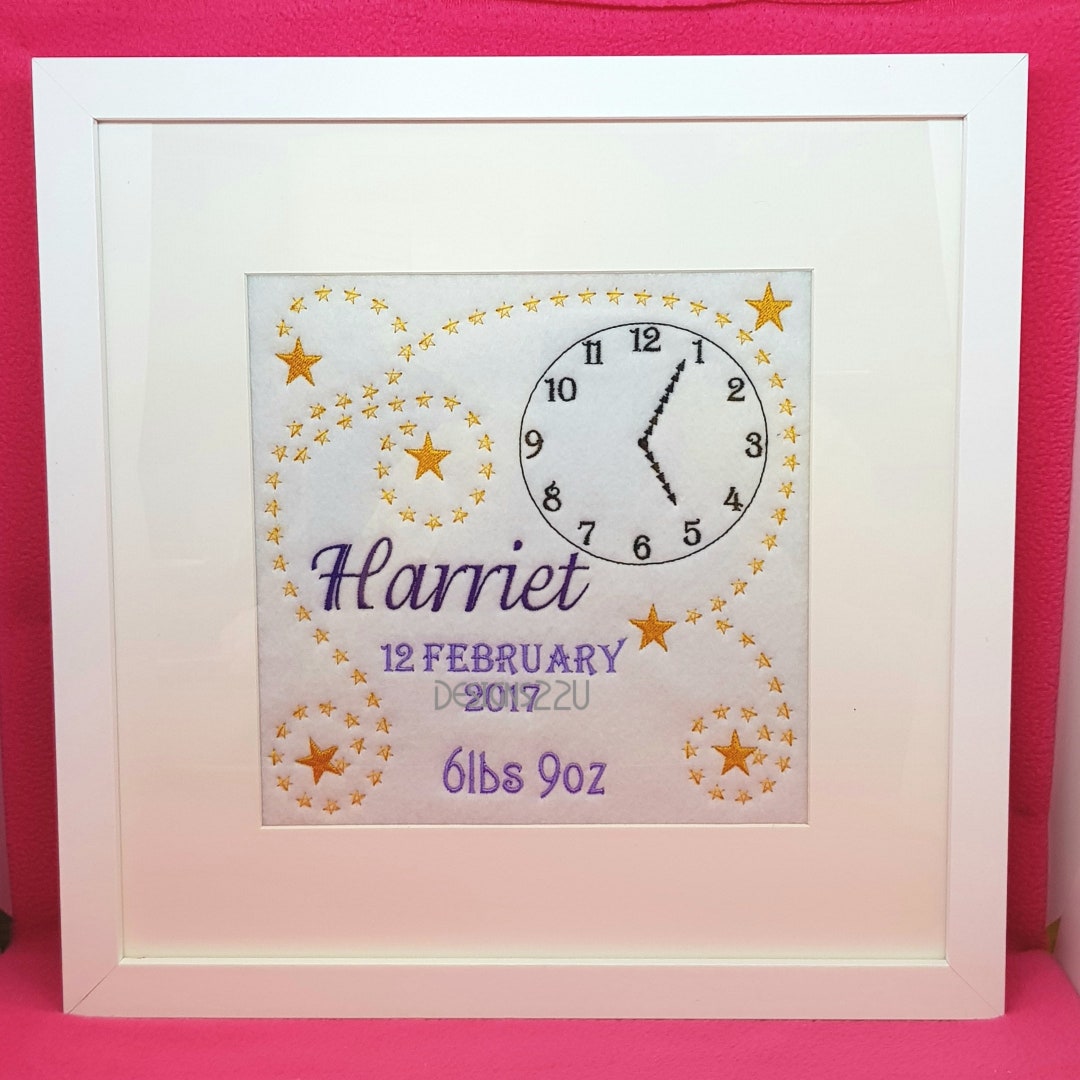 Clock & Stars Birth Template 8×8 Digitized Machine Embroidery Design ...