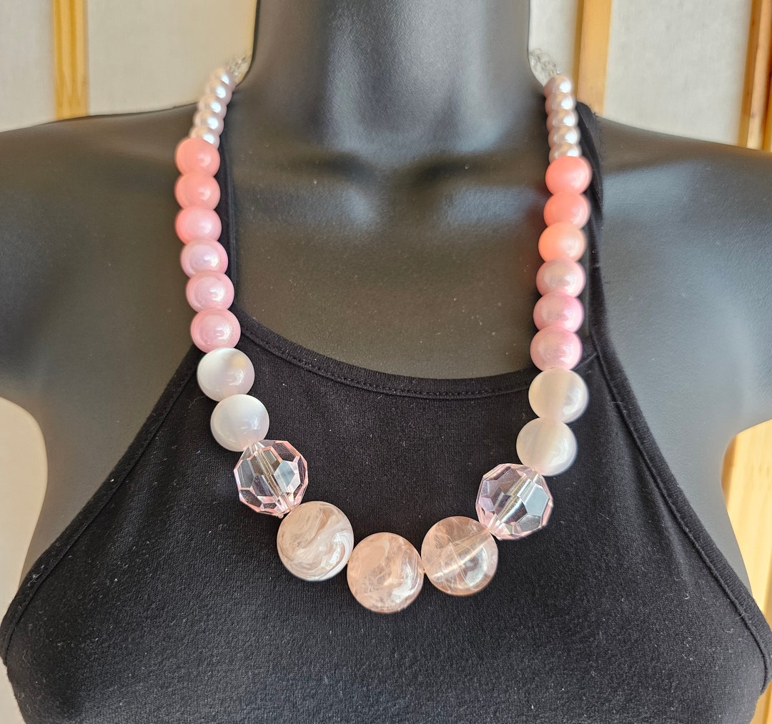 Vintage Pink Necklace, Pastel Pink Tones, Frosted Shimmer Opal Marbled ...