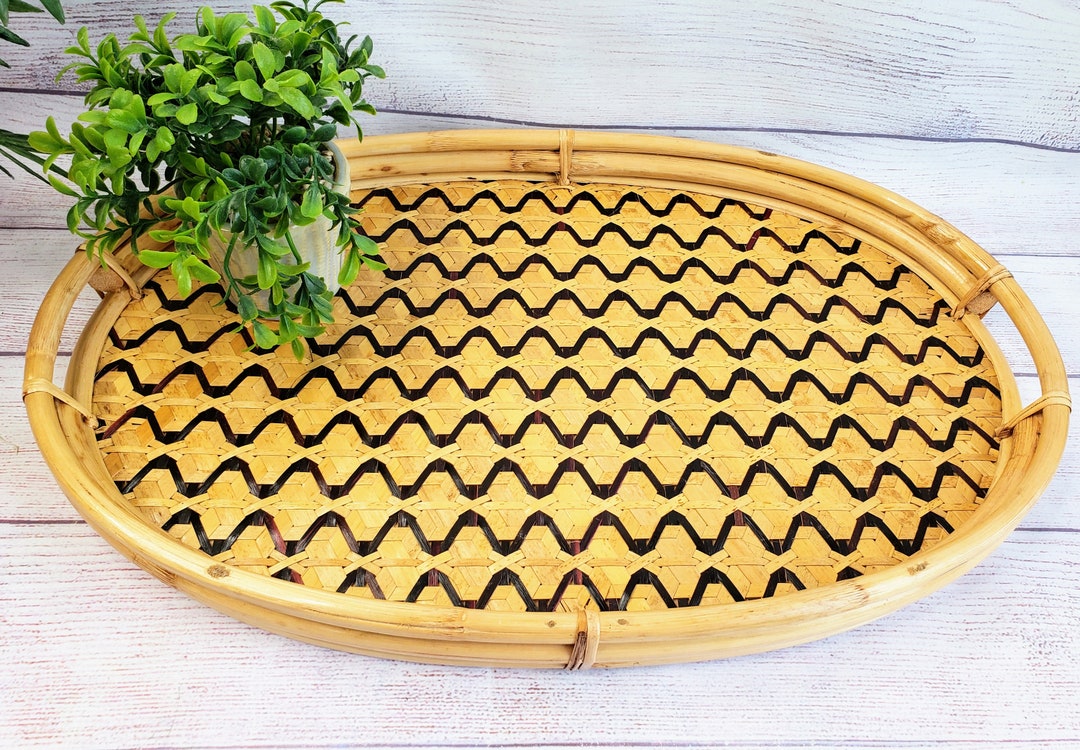 Sturdy Vintage Woven Wicker Tray, Oval Bamboo Shallow Basket Serving ...