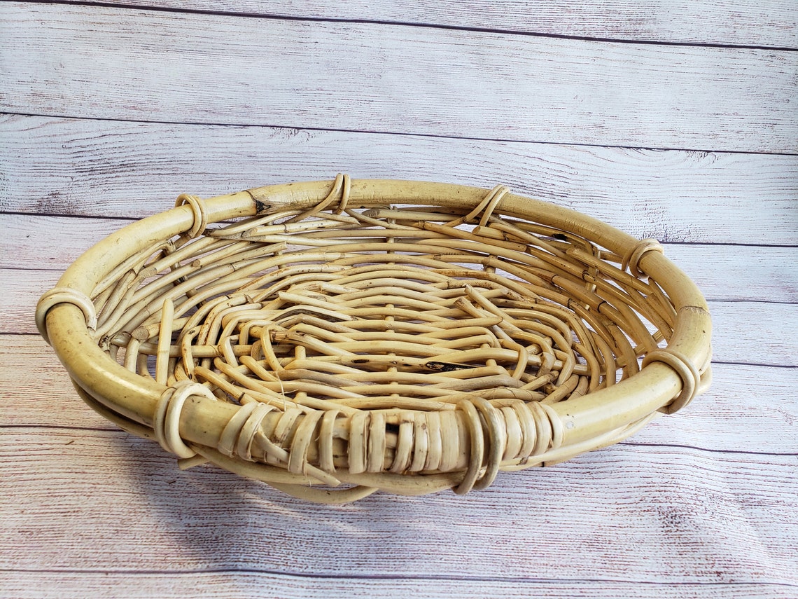 Big Sturdy Shallow Beige Wicker Basket Large Bamboo Rattan | Etsy