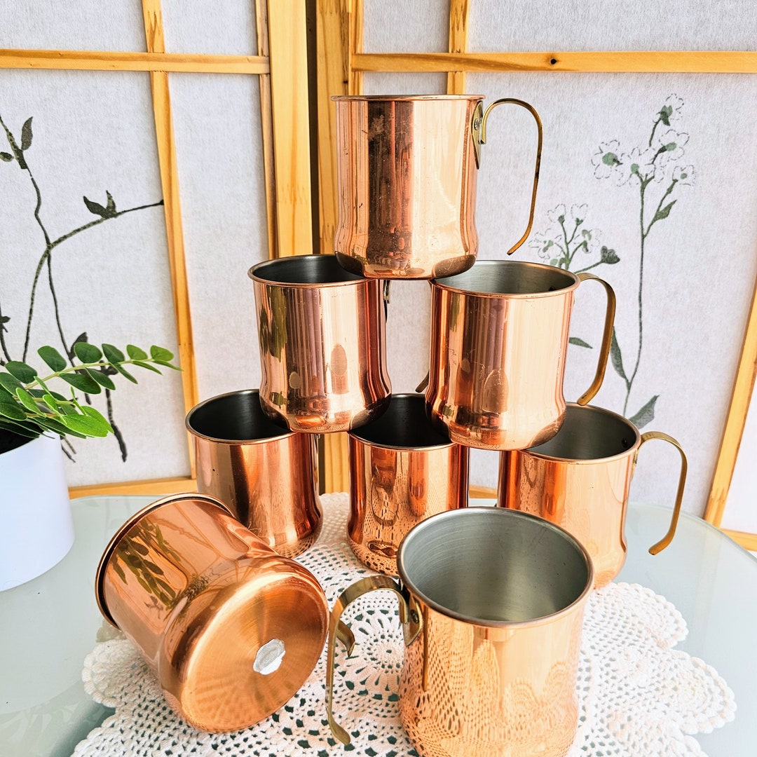 Vintage Copper Cups With Gold Brass Handles, Set of 8 Unique Retro ...