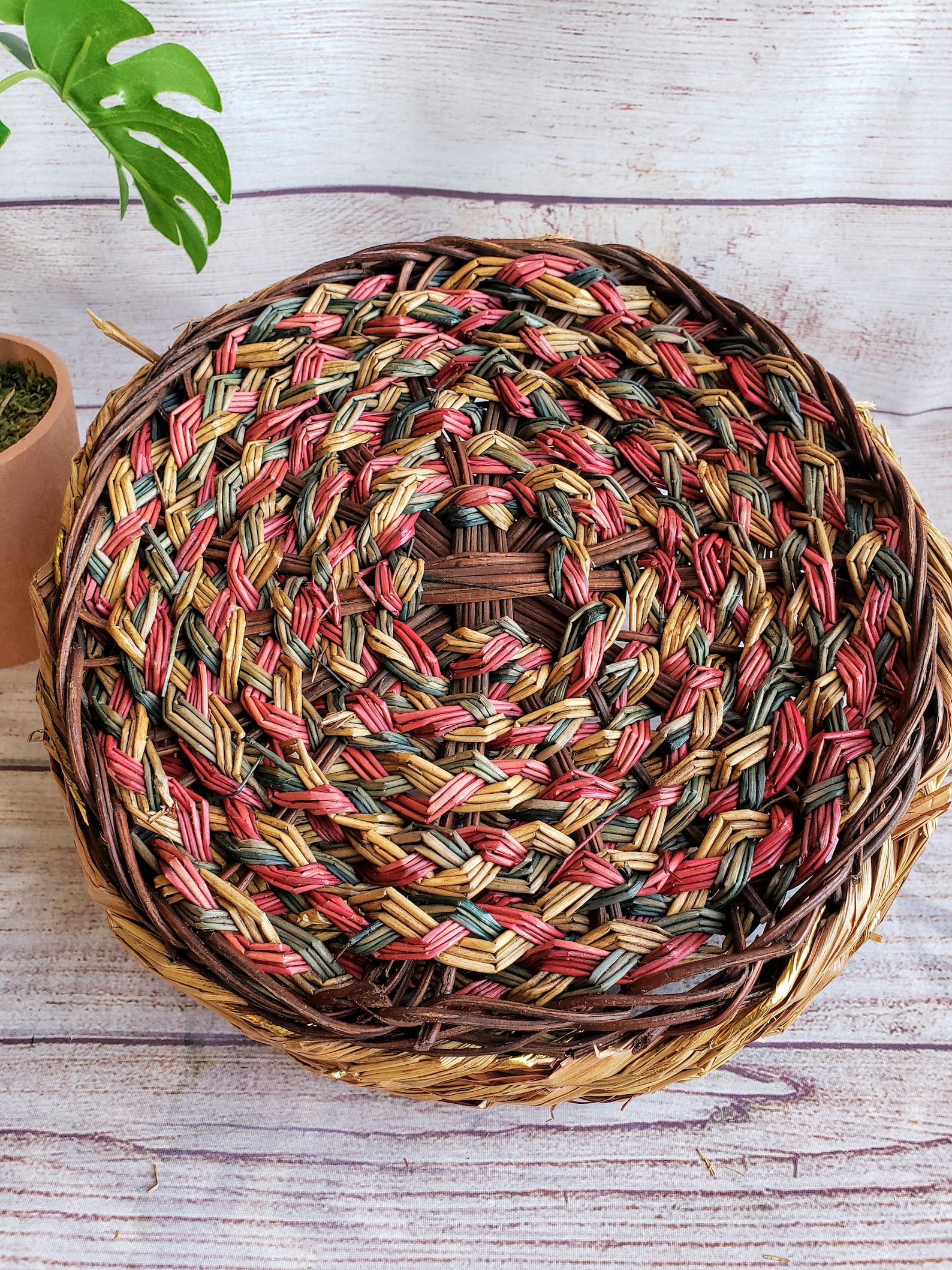 Vintage Multi Color Reed Grass Wicker Woven Round Basket W/ - Etsy