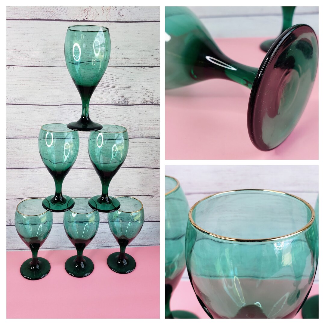 6 Vintage Juniper Green Wine Glasses With Gold Rim, Retro Barware ...