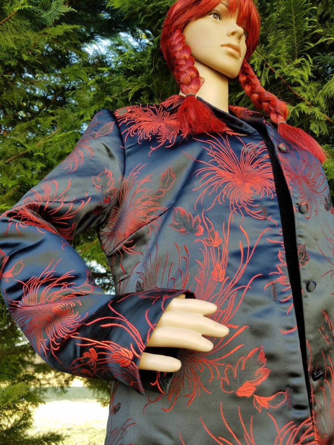 90s Silky Satiny Jacket Black and Red Beautiful Damask Brocade Asian ...