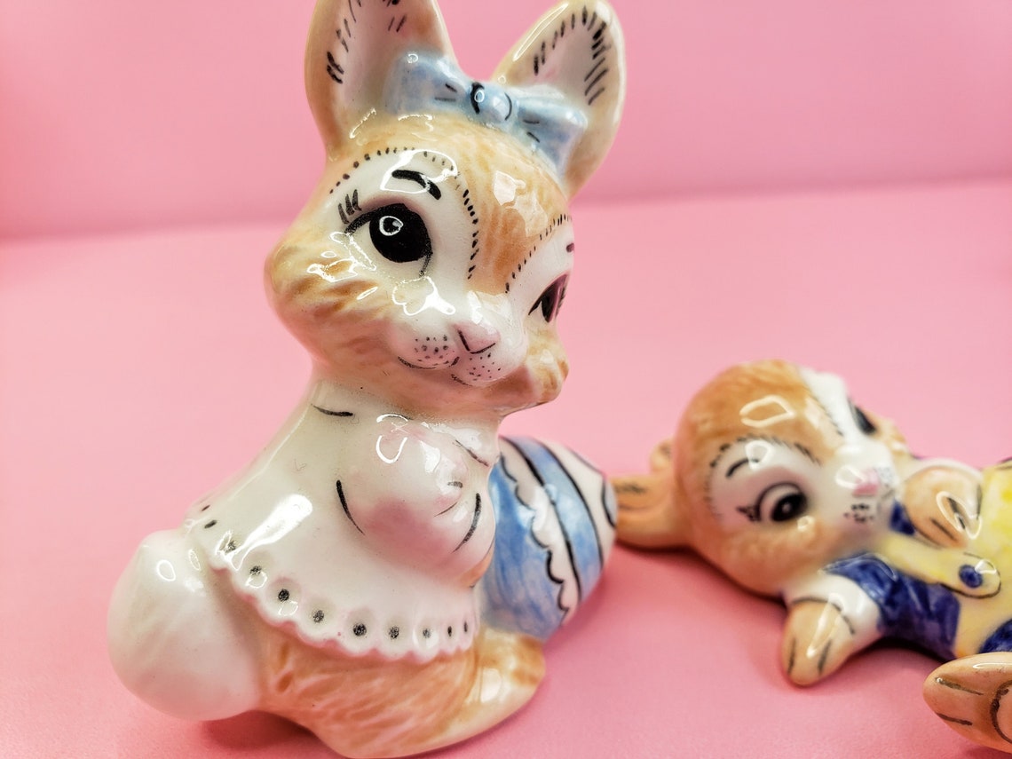 2 Small Vintage Bunny Figurines Super Cute Boy Girl Easter - Etsy