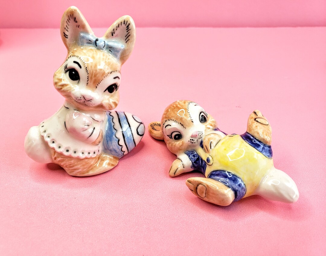 2 Small Vintage Bunny Figurines, Super Cute Boy Girl Easter Bunny ...