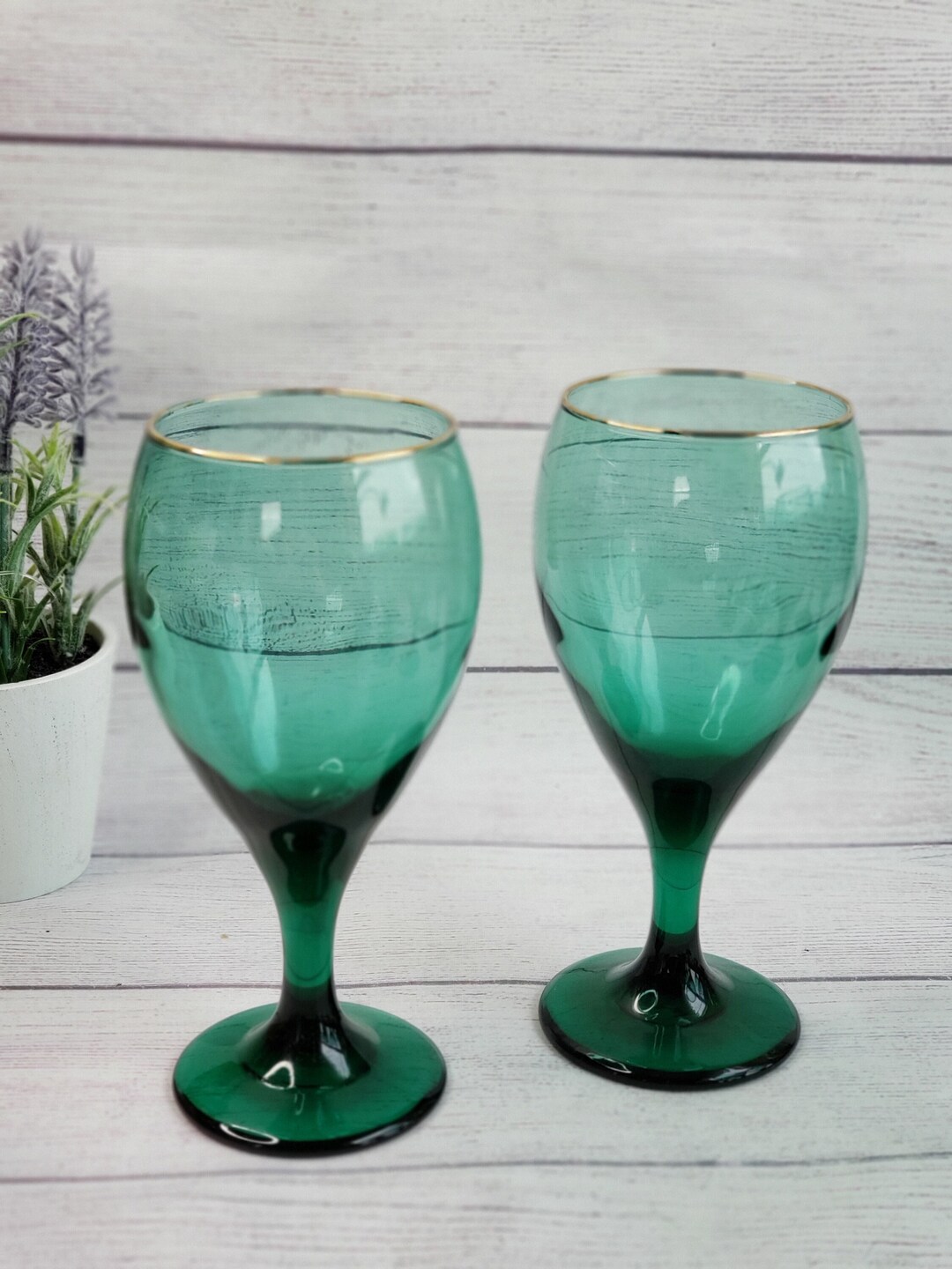 2 Vintage Juniper Green Wine Glasses With Gold Rim, Retro Barware ...