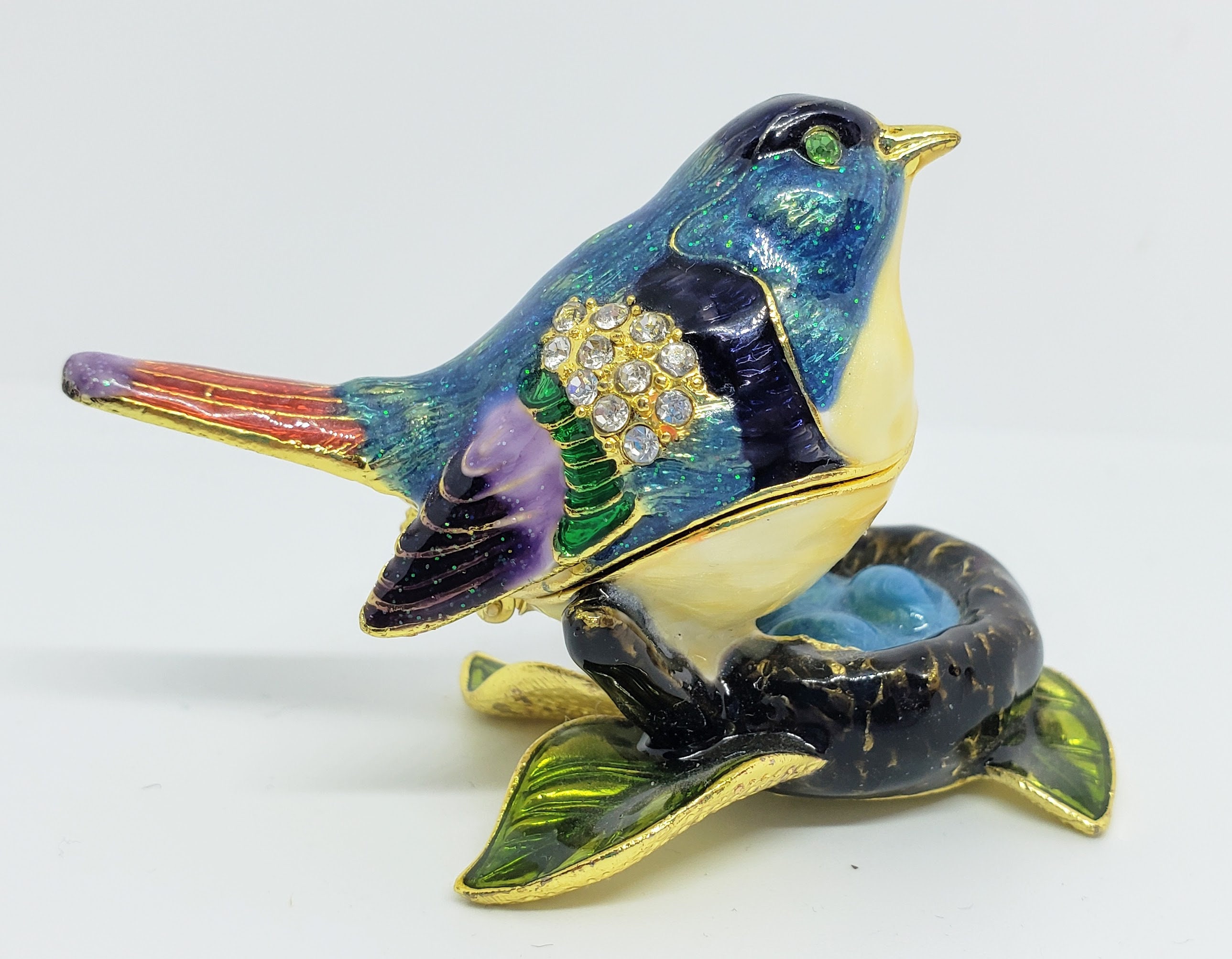 TINY Mini Bejeweled Blue Bird Trinket Box Hinged Enameled - Etsy