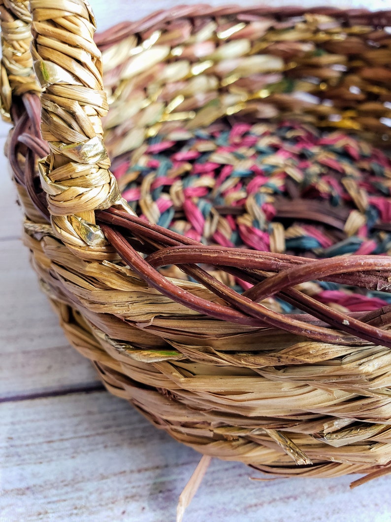 Vintage Multi Color Reed Grass Wicker Woven Round Basket W/ - Etsy