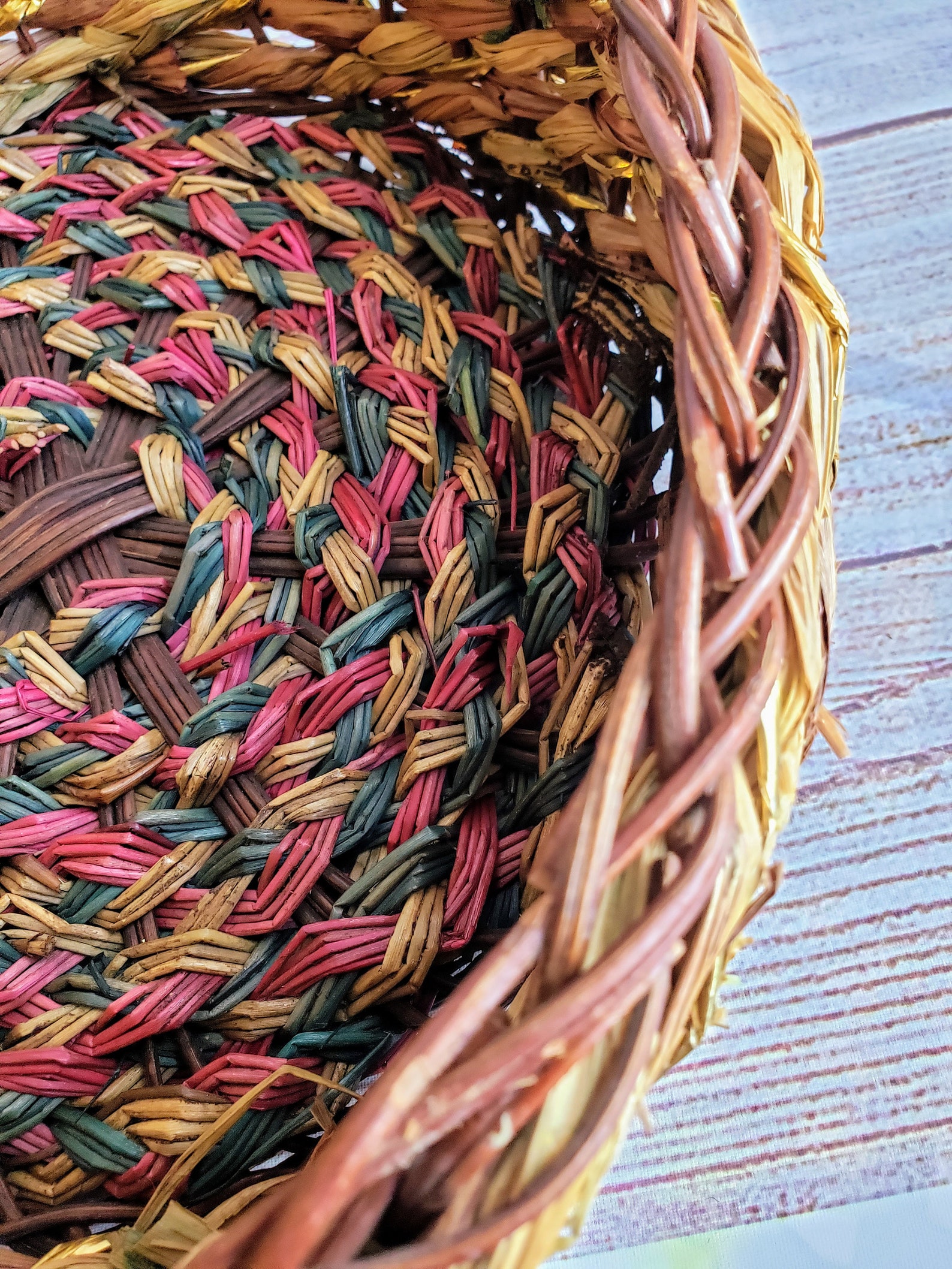 Vintage Multi Color Reed Grass Wicker Woven Round Basket W/ - Etsy