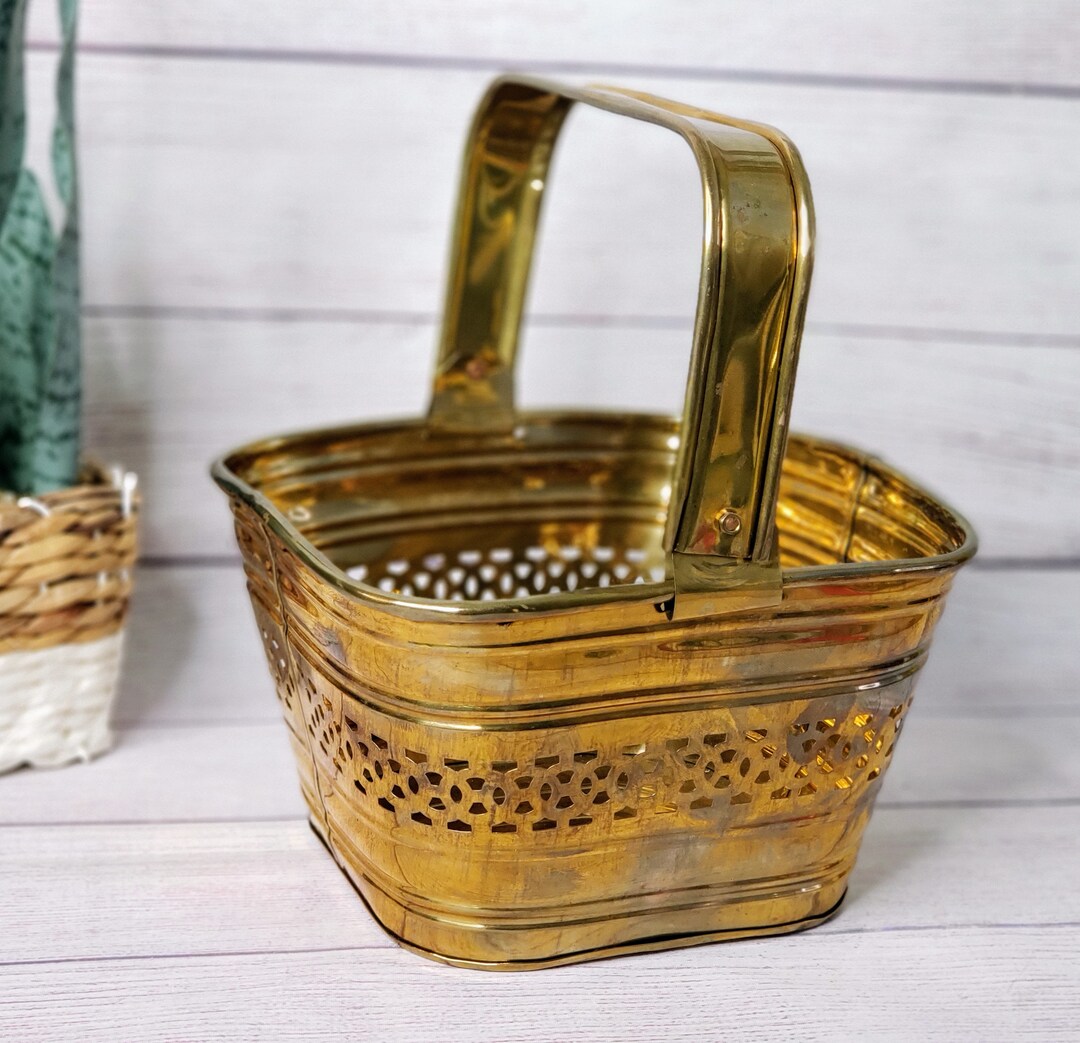 Vintage Brass Basket With Swing Handle, Unpolished Decorative Brass ...