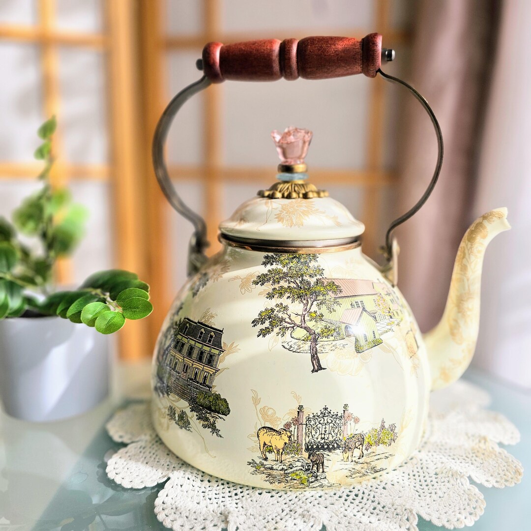 Vintage Enameled Teapot, Mackenzie Childs Aurora Cottagecore Tea Kettle ...
