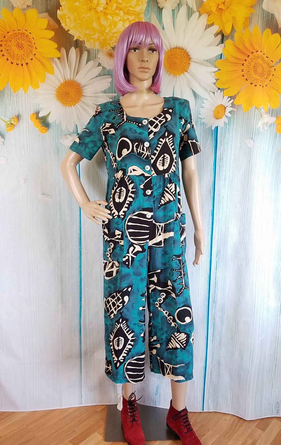 80s Soft Abstract Print Jumpsuit Trendy Cropped Wide Legs - Etsy