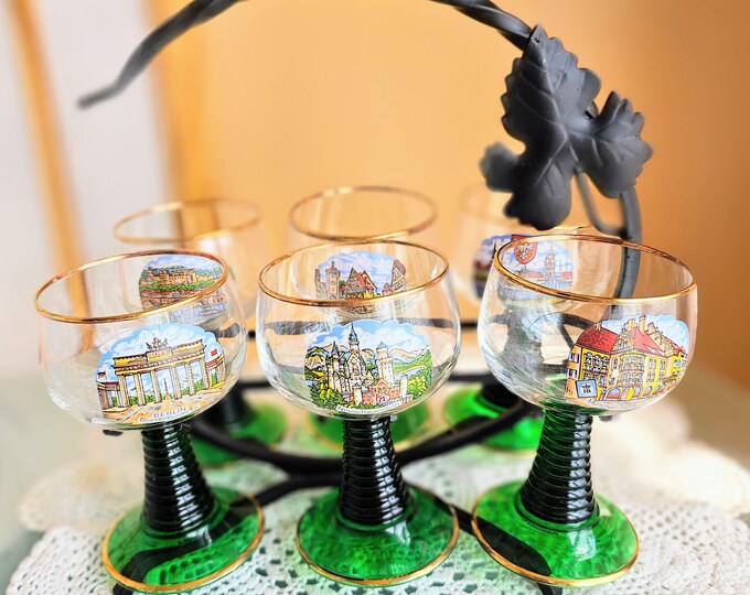 Vintage German Romer Glasses With Metal Stand, Green Stemware With ...