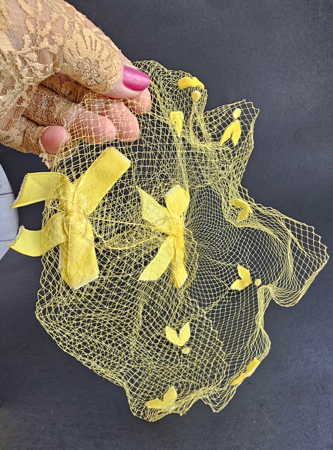 1940s 50s Yellow Hair Net Piece With Velvet Bows, Vintage Yellow Head ...