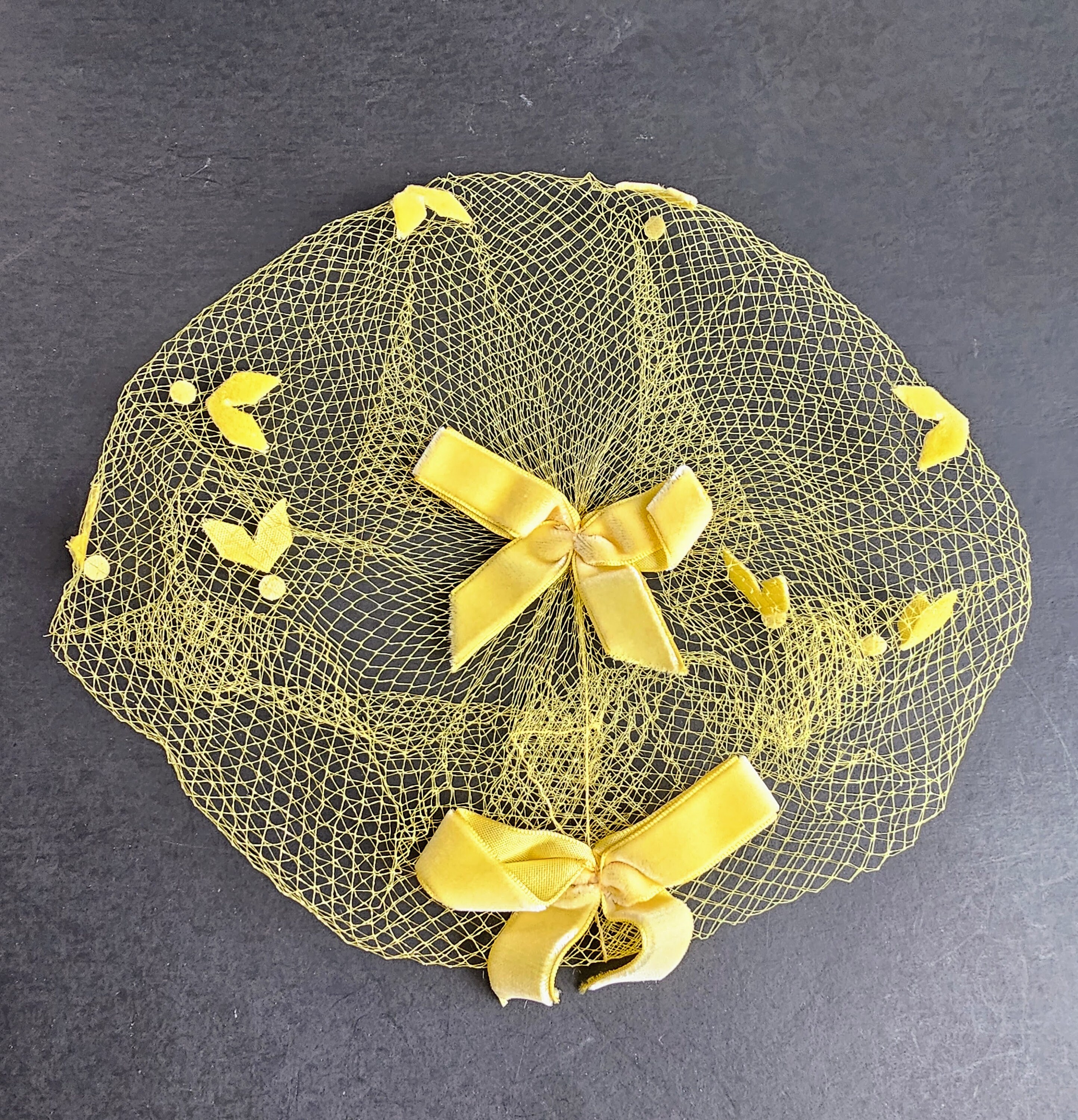 1940s 50s Yellow Hair Net Piece With Velvet Bows, Vintage Yellow Head ...
