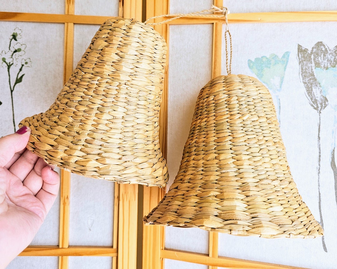 Vintage Beige Wicker Straw Bells, Set of 2, Boho Wedding Decor, Pair of ...