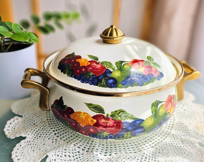 Vintage Enamelware Lidded Pot With Fruit Pattern, Lincoware, Retro ...