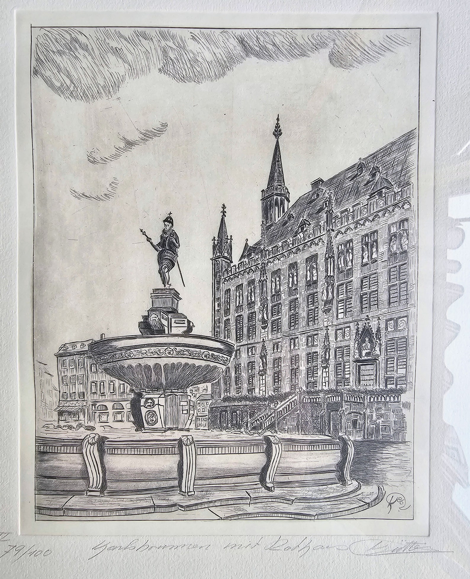 RARE Etching German City Aachen, City Well With Statue, Authenticated ...