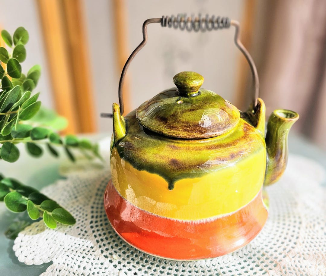 Vintage Handmade Teapot, 70s Green, Yellow Orange Glazed Pottery Kettle ...