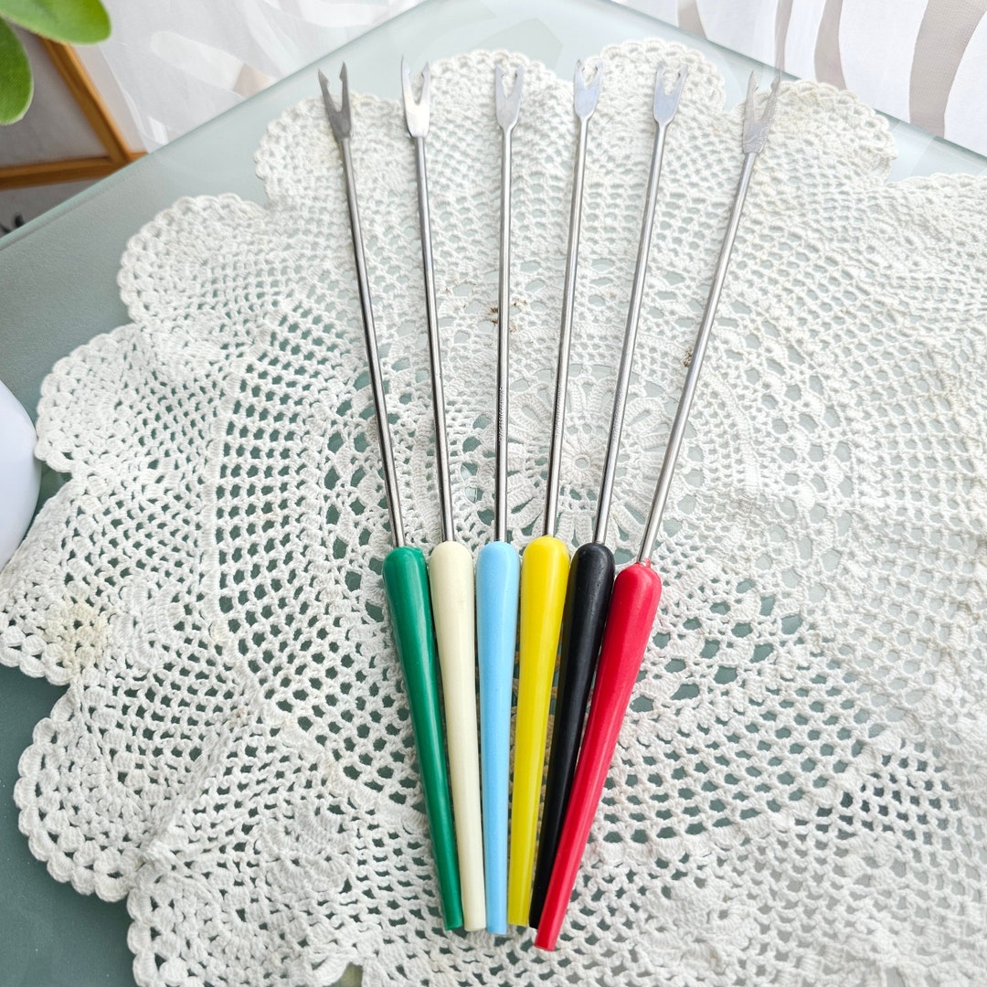 Set of 6 Vintage Fondue Forks, Plastic Multi Color Handles, Stainless ...
