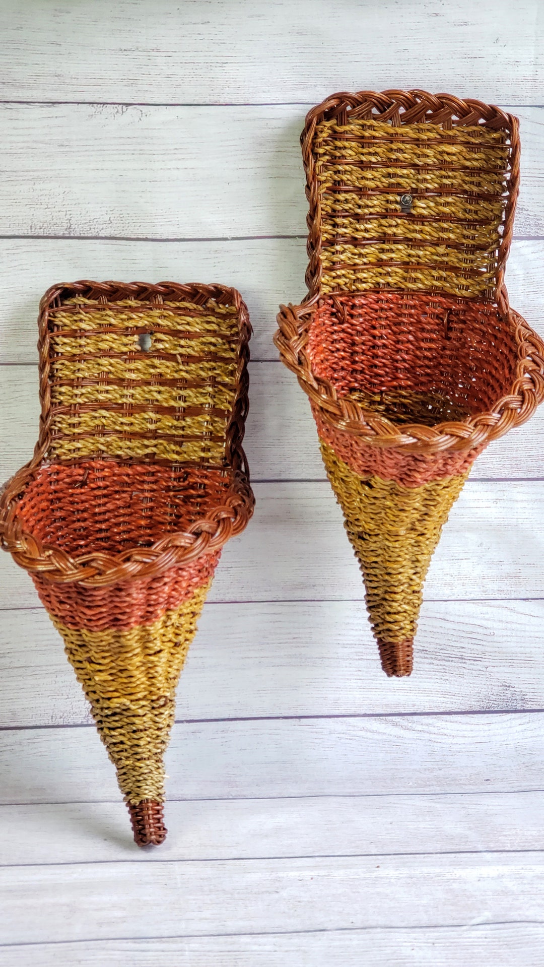 Wicker Cornucopia Basket With Rope Detail, 3 Tone Wicker Horn Wall ...