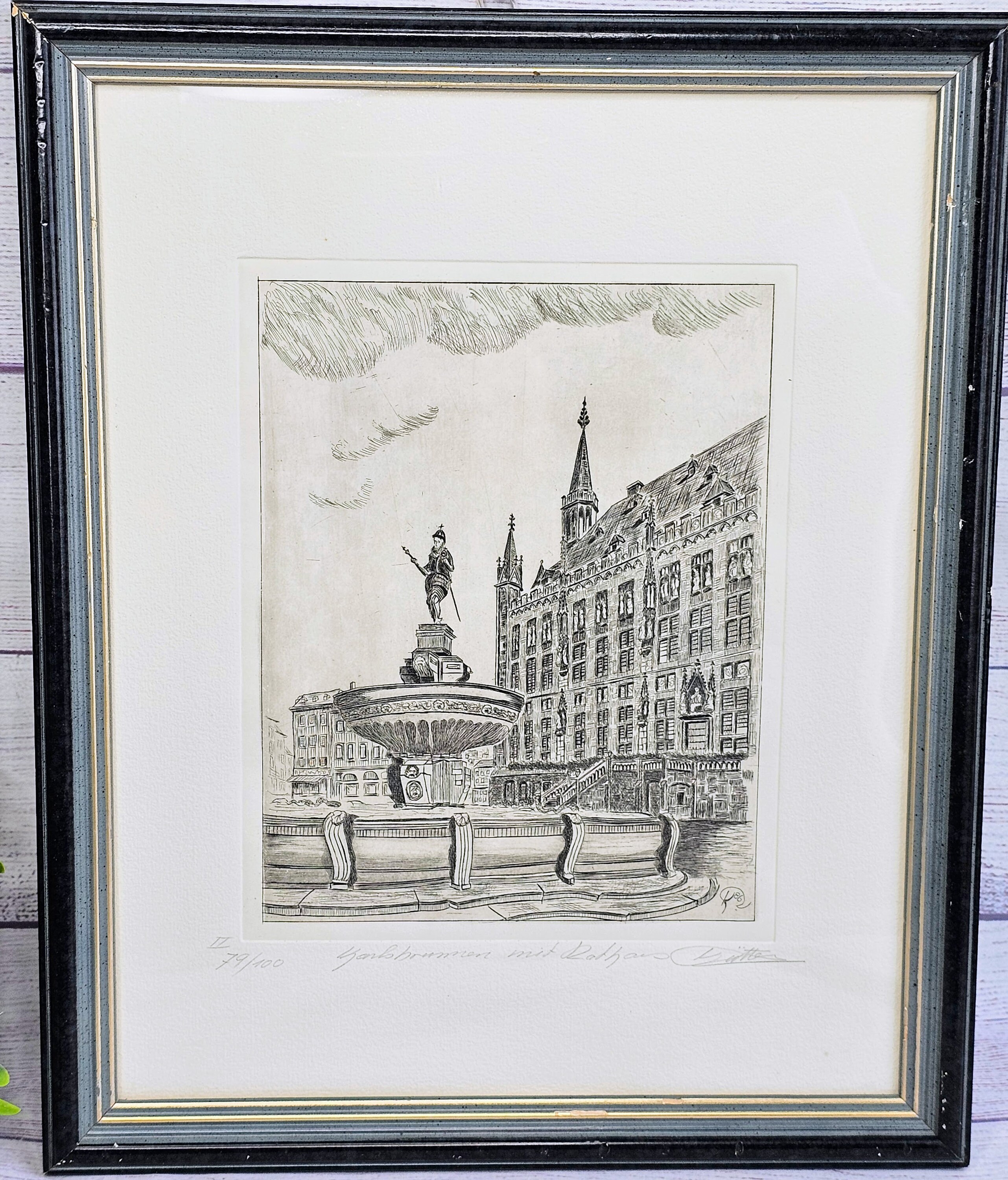 RARE Etching German City Aachen, City Well With Statue, Authenticated ...