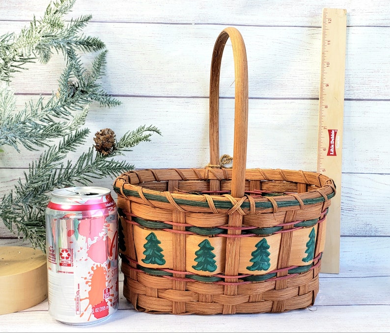 Vintage Rustic Christmas Basket With Green Trees and Wood Charm ...