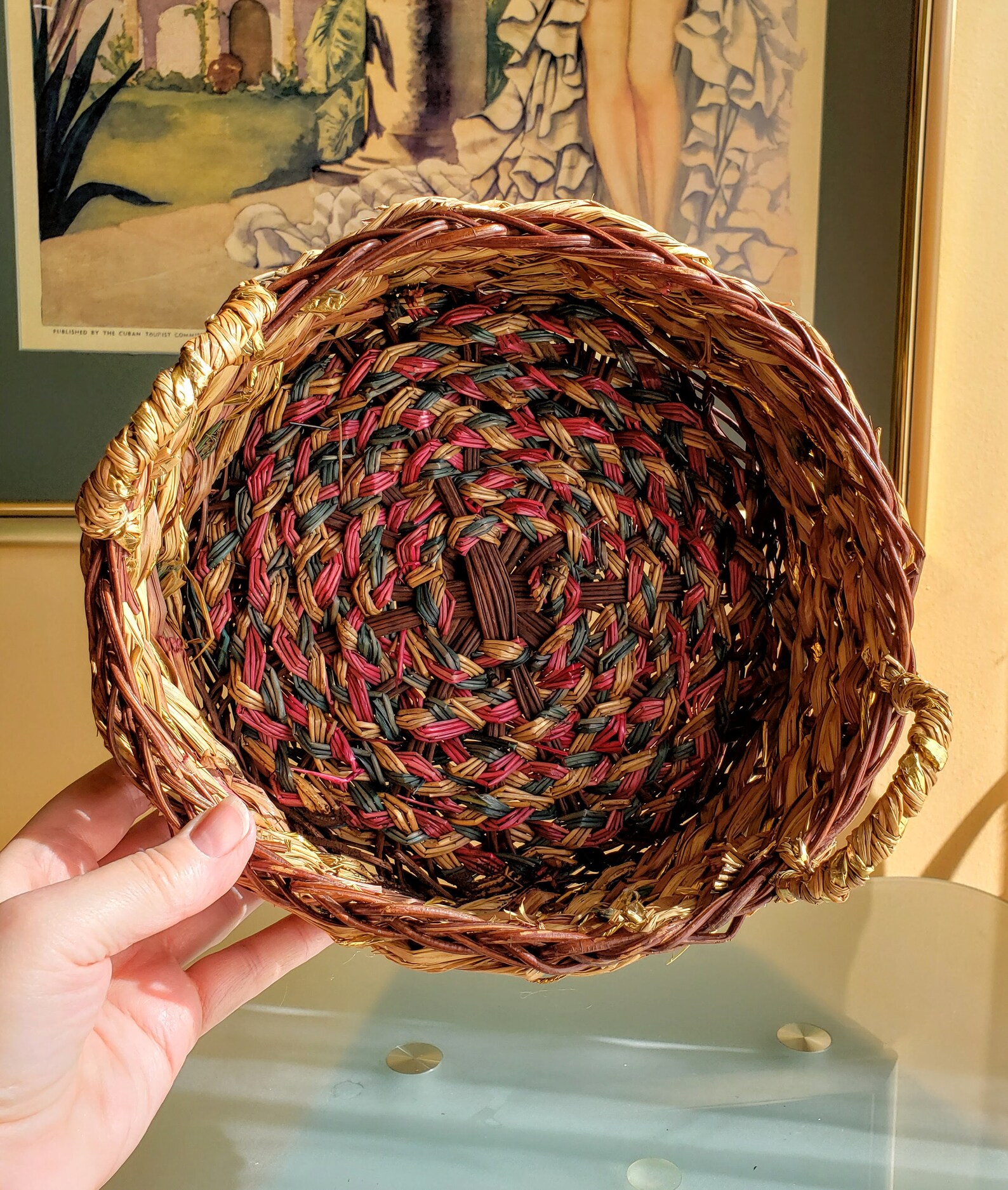 Vintage Multi Color Reed Grass Wicker Woven Round Basket w/ | Etsy