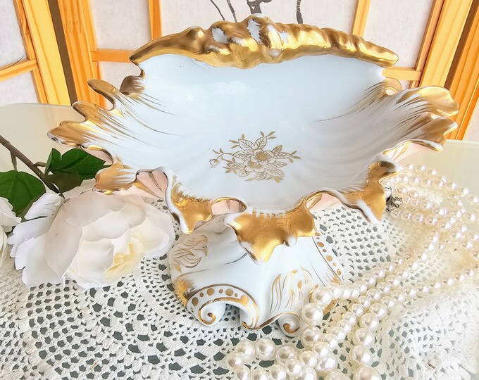 Vintage Elaborate Pedestal Porcelain Dish, Italian Pottery Shell Shaped ...