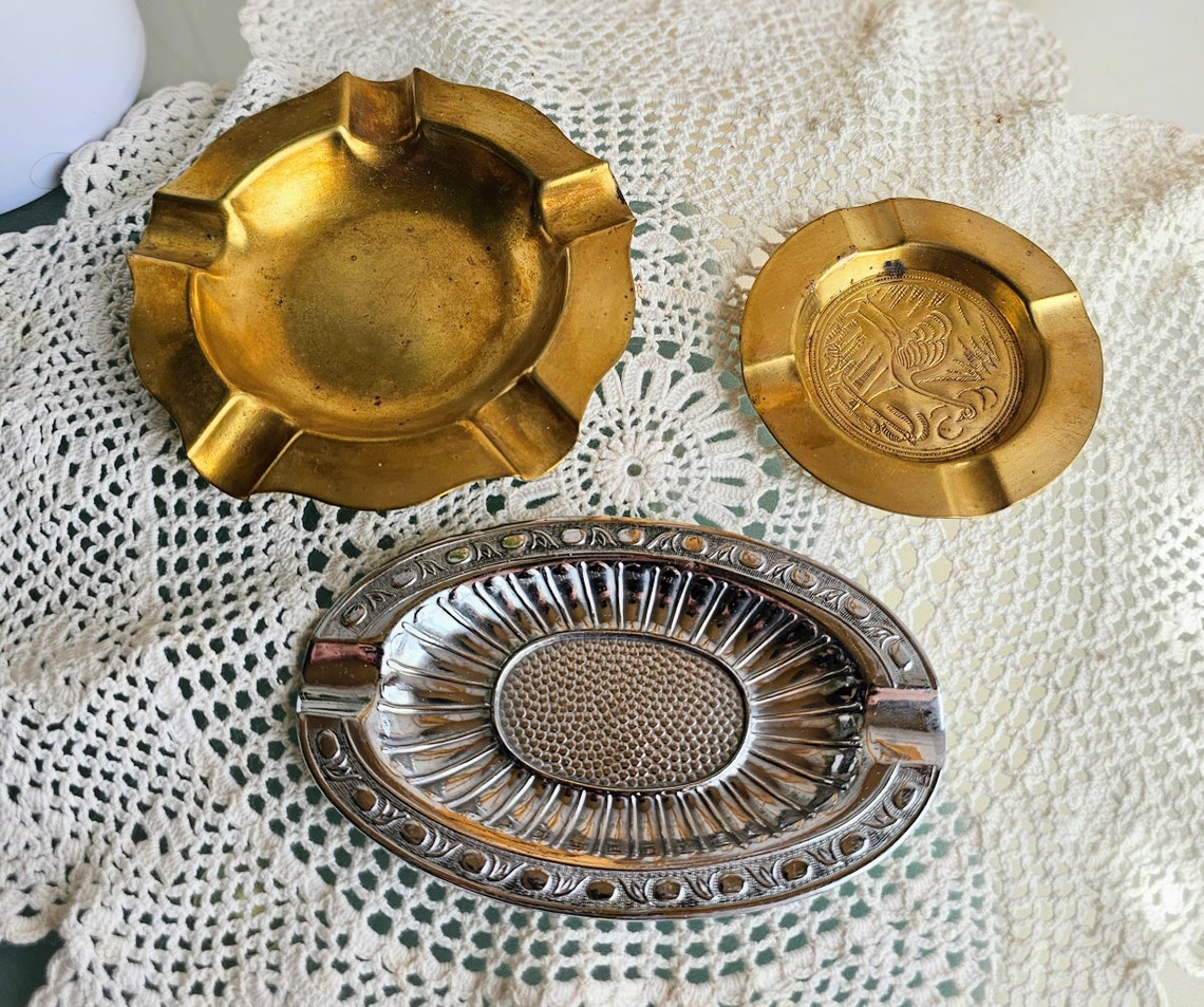 Set of 3 Small Vintage Ashtrays, Brass and Silver Tone Metal, Hand ...