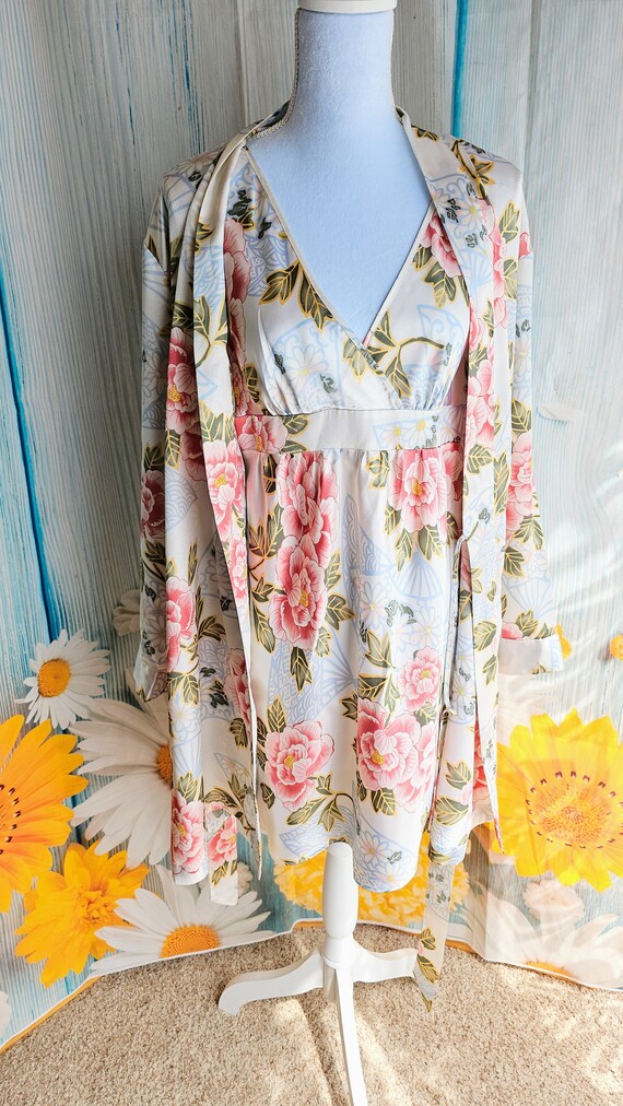Vintage Lingerie Set, Short Satin Floral Robe with Ni… - Gem