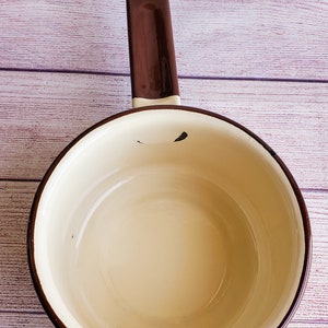 Small Vintage Enamel Saucepan, Unused Beige Brown Enamel Pan With Long ...