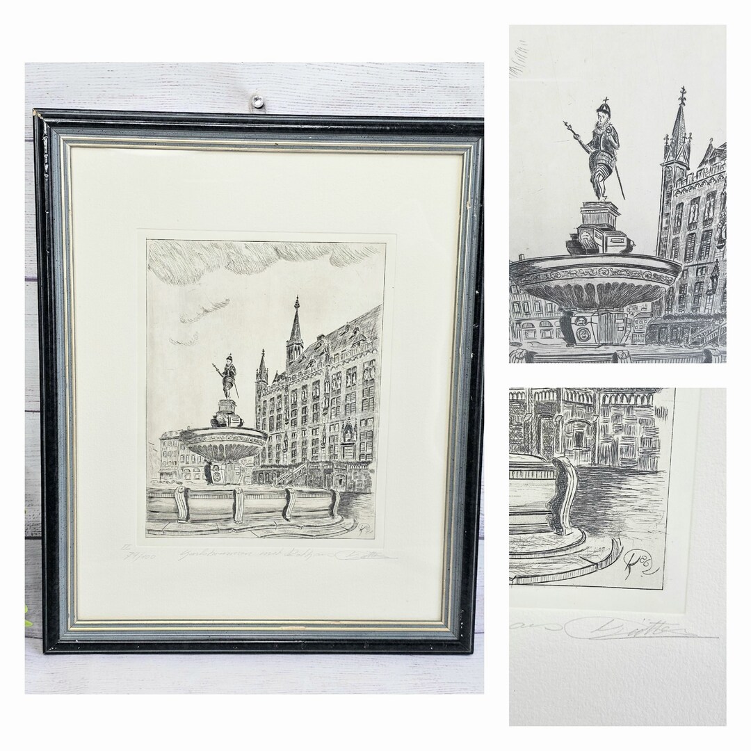 RARE Etching German City Aachen, City Well With Statue, Authenticated ...