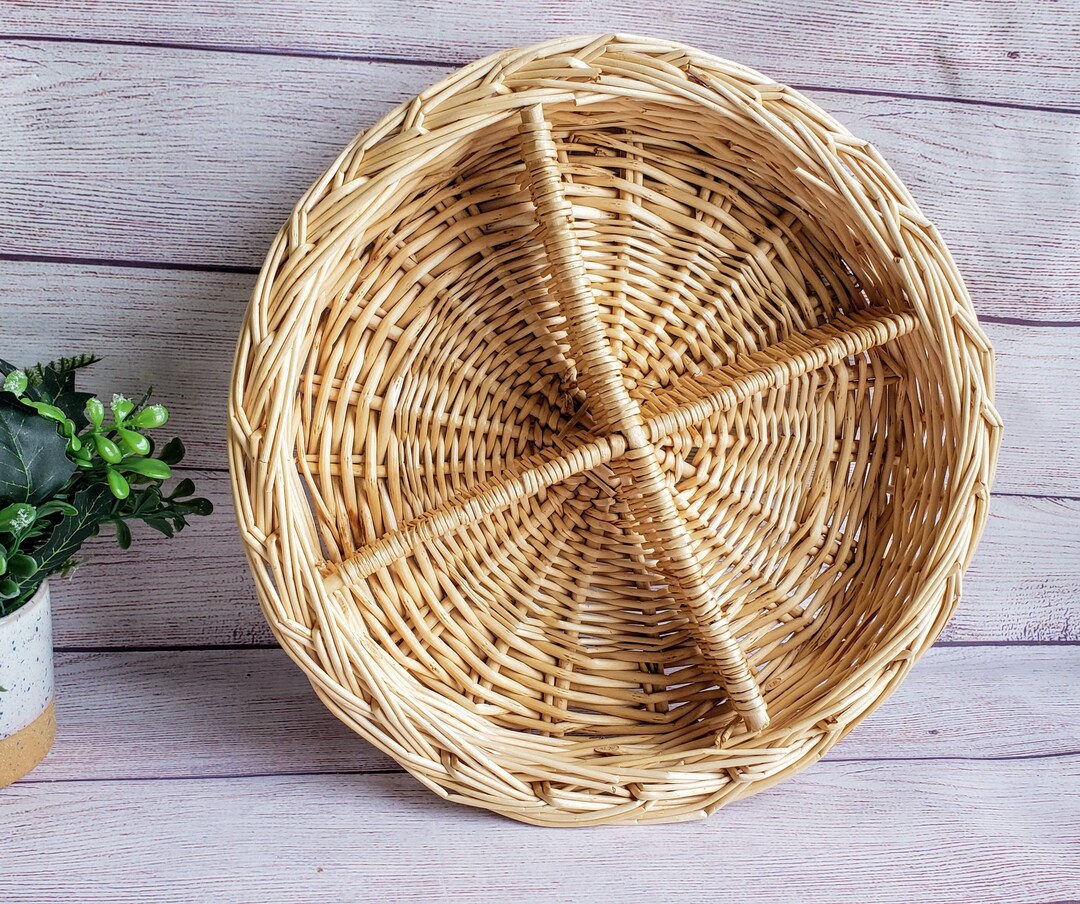 CLEANED Vintage Wicker Basket Tray Round Sectioned Wicker Plate ...